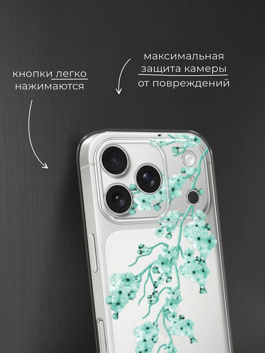 Силиконовый чехол на Apple iPhone 17 Pro / Айфон 17 Про с принтом Бирюзовая веточка сакуры — фото 1