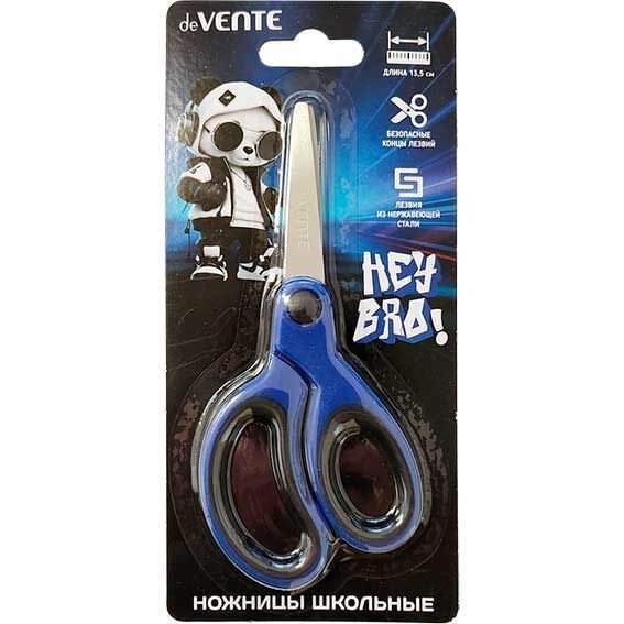Ножницы детские 13,5см deVENTE "Hey Bro" 8010607, закруглённые лезвия, прорезиненные ручки, картонный блистер
