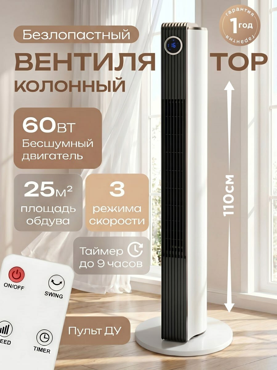 Вентилятор напольный с пультом колонный, таймер, функция поворота, LED индикация