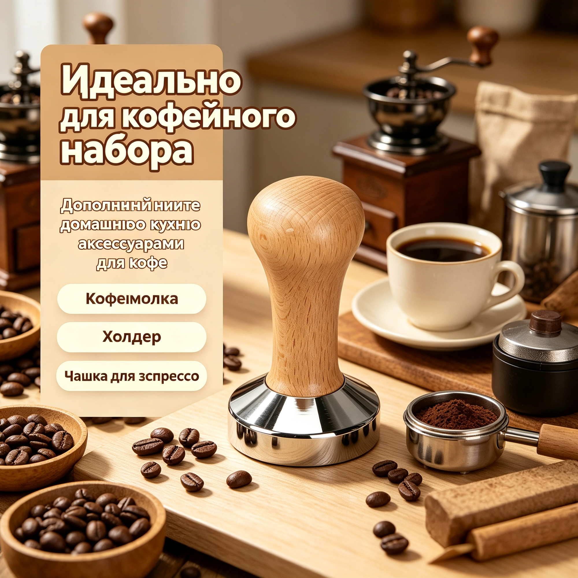 Металлический тампер для эспрессо с ручкой из натурального дерева