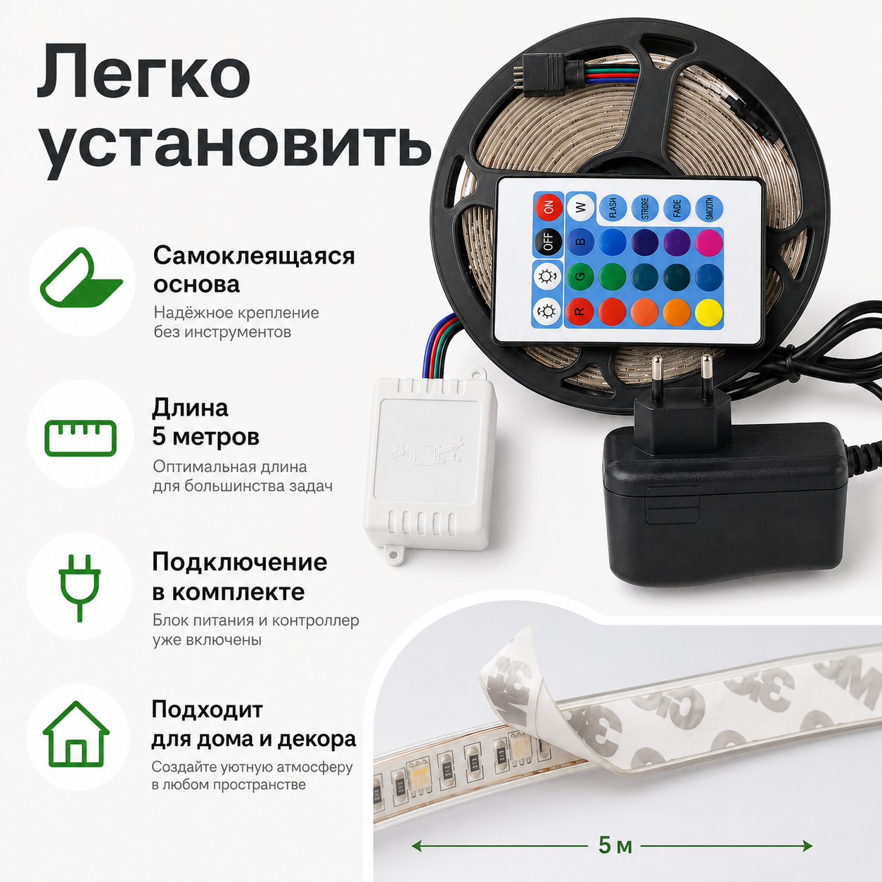 Светодиодная RGB-лента 5 м с пультом и блоком питания, многоцветная LED-подсветка