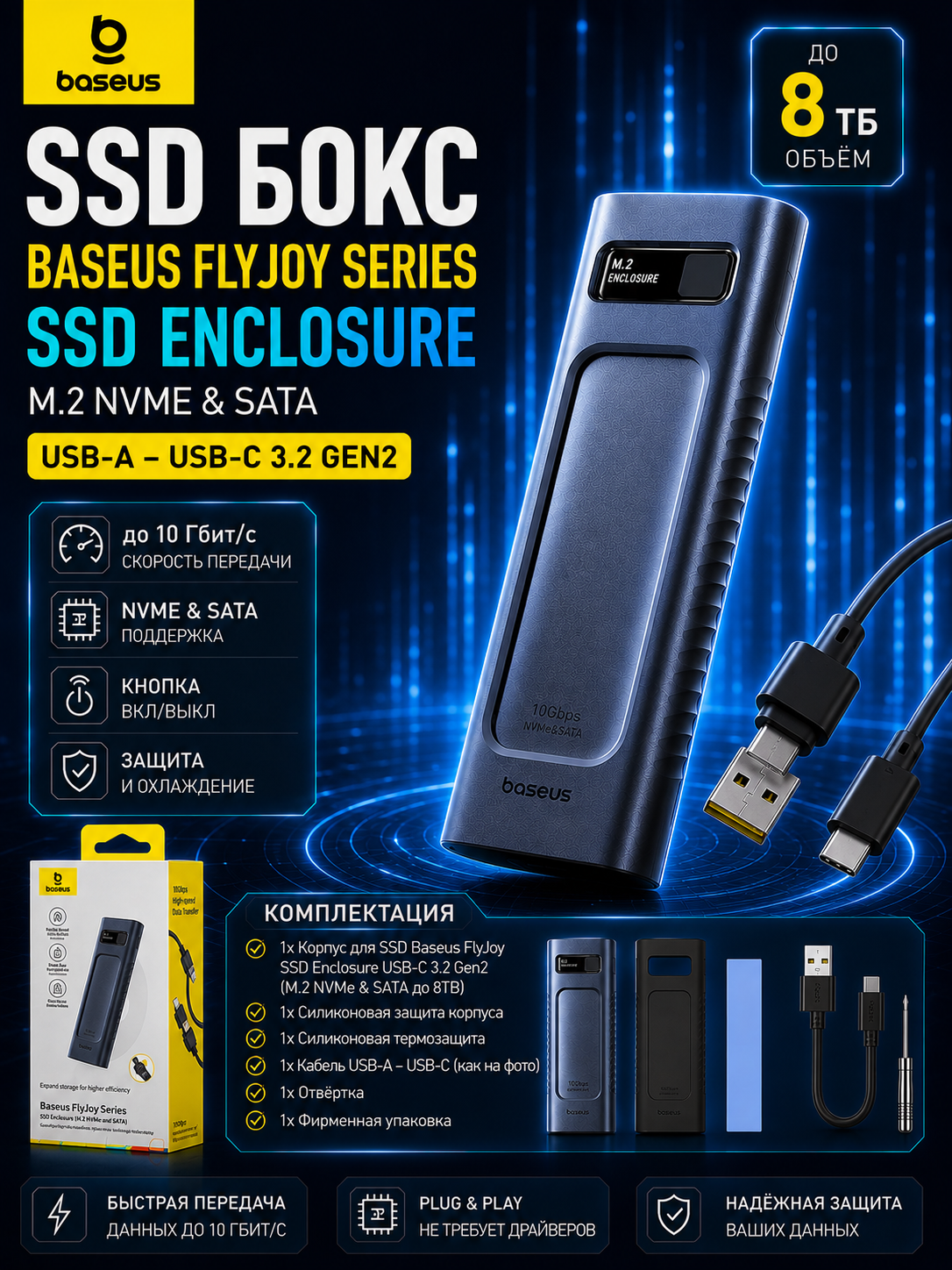 Внешний SSD Бокс Baseus FlyJoy Series SSD Enclosure(M.2 NVMe and SATA) Серый