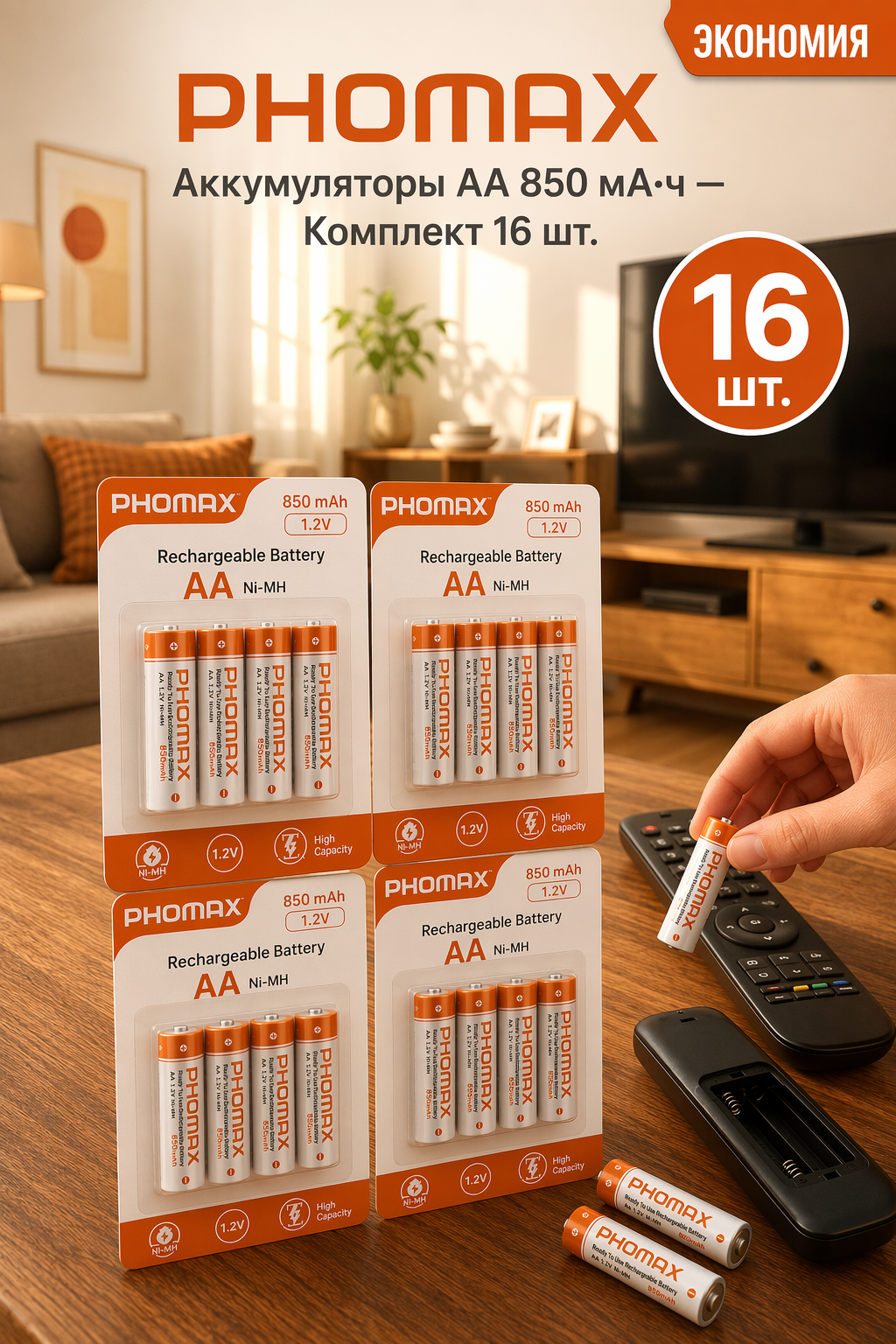 Аккумуляторы PHOMAX AA, Ni-Mh, 850mAh, для бытового использования, комплект 16 шт.