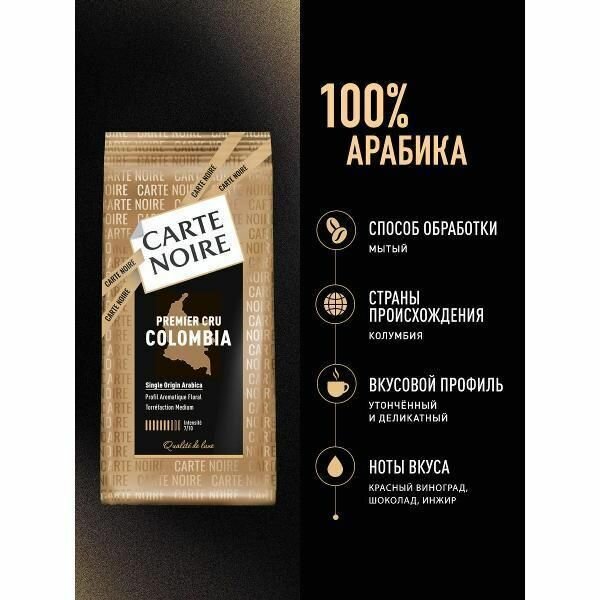 Кофе натуральный жареный в зернах CARTE NOIRE PREMIER CRU COLOMBIA (премьер КРЮ колумбия) 200г