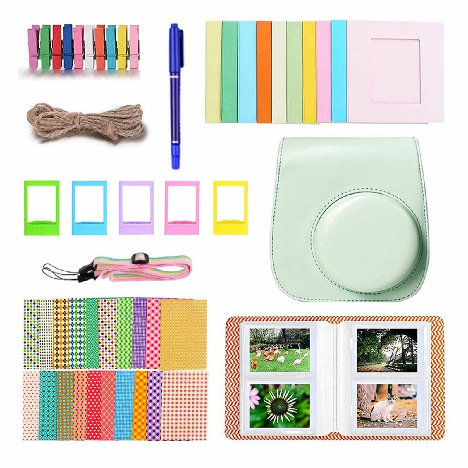 Чехол для мгновенной камеры Instax Mini 12/11/9, зелёный, с ремнём и альбомом