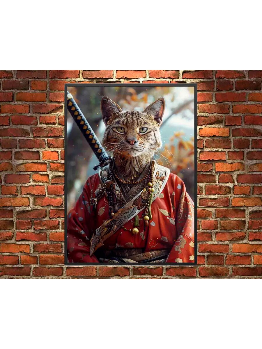 Дикий кот-животное-самурай 2, Плакат 30x42см