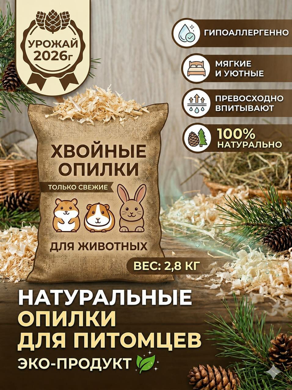 Опилки древесные сосновые для грызунов, хомяков, морских свинок, кроликов, крыс и шиншилл, наполнитель для животных