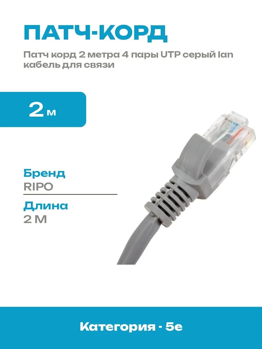 Сетевой кабель 2 метра медный UTP патч корд для роутера 2м