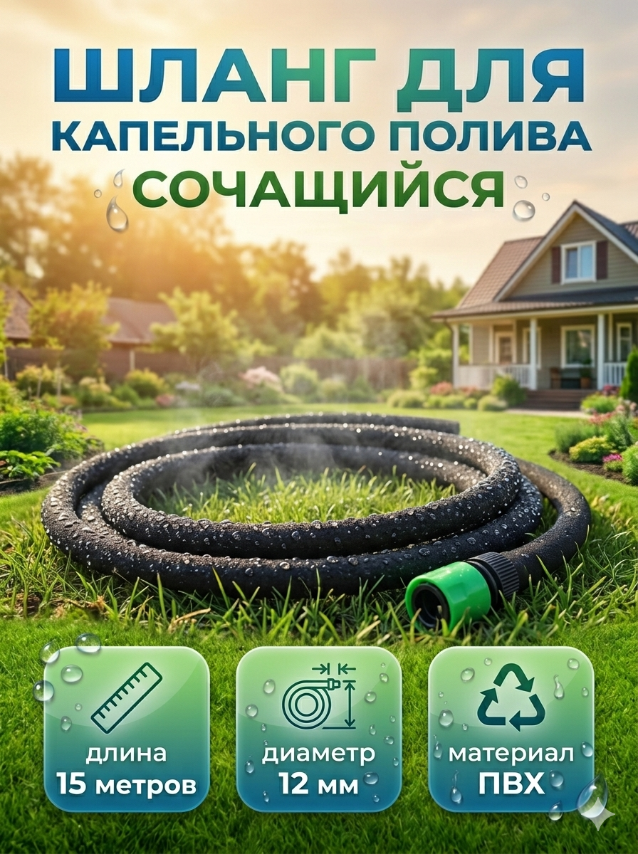 Шланг поливочный 15м, d12 мм, ПВХ, удобный для капельного полива