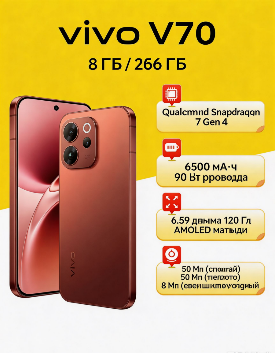 Смартфон vivo V70 5G 8/256 ГБ Snapdragon 7 Gen 4 50+50+8 МП 6500 мАч 90 Вт Ростест (EAC) Красно-коричневый