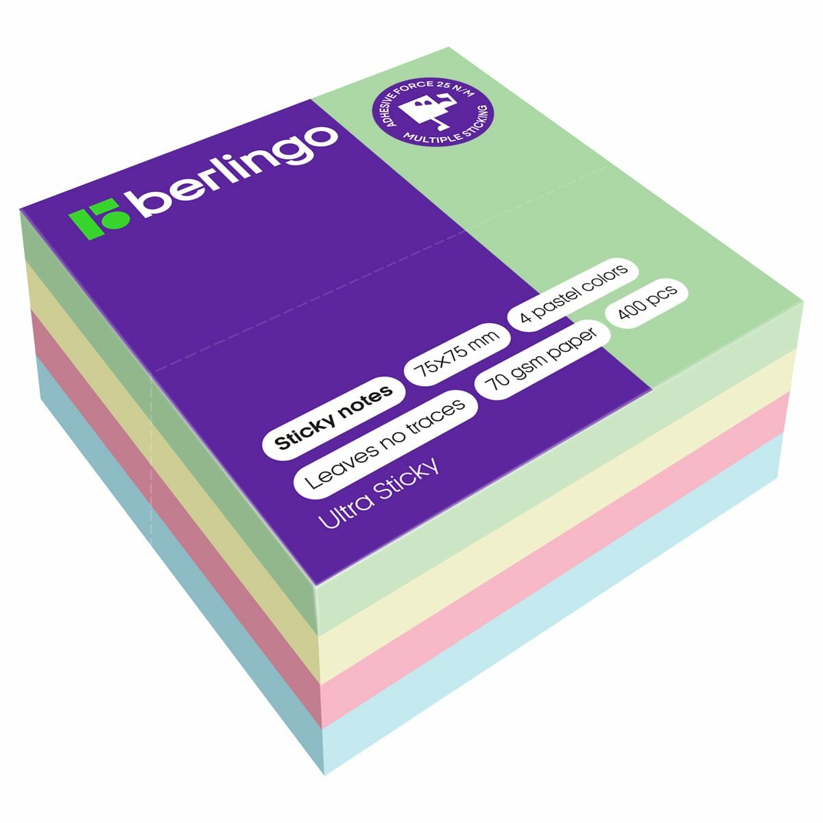 Стикеры (самоклеящийся блок) Berlingo Ultra Sticky, 75x75мм, 4 цвета пастель, 400 листов (LSn_40001)