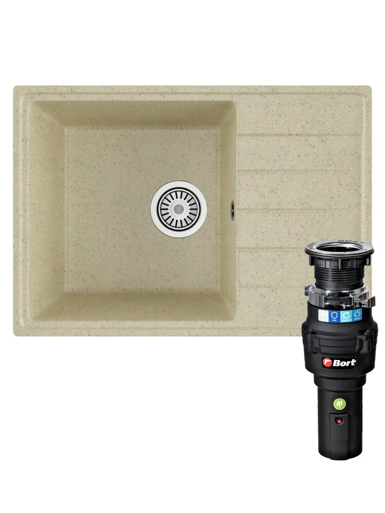 Комплект Мойка Domaci Палермо PR-600-002 60x42, бежевая, искусственный мрамор / Измельчитель Bort Caiman 93418064 электрический, нержавеющая сталь