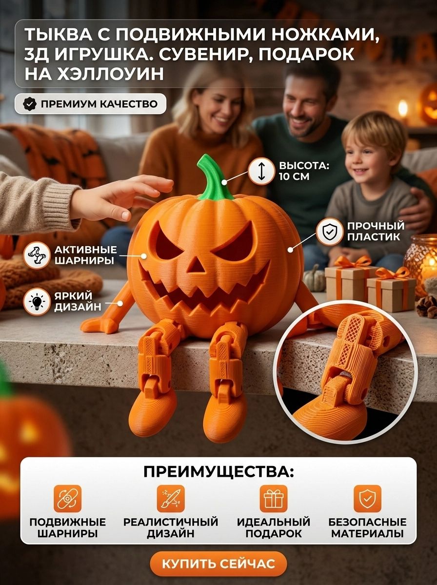 Тыква с подвижными ножками, 3Д игрушка. Сувенир, подарок на хеллоуин, высота 10 см