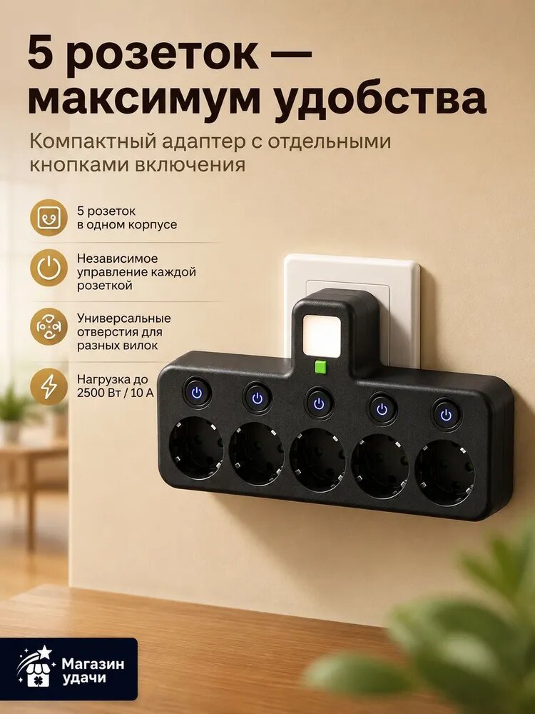 Черный многофункциональный розетка 5-контактная по европейскому стандарту