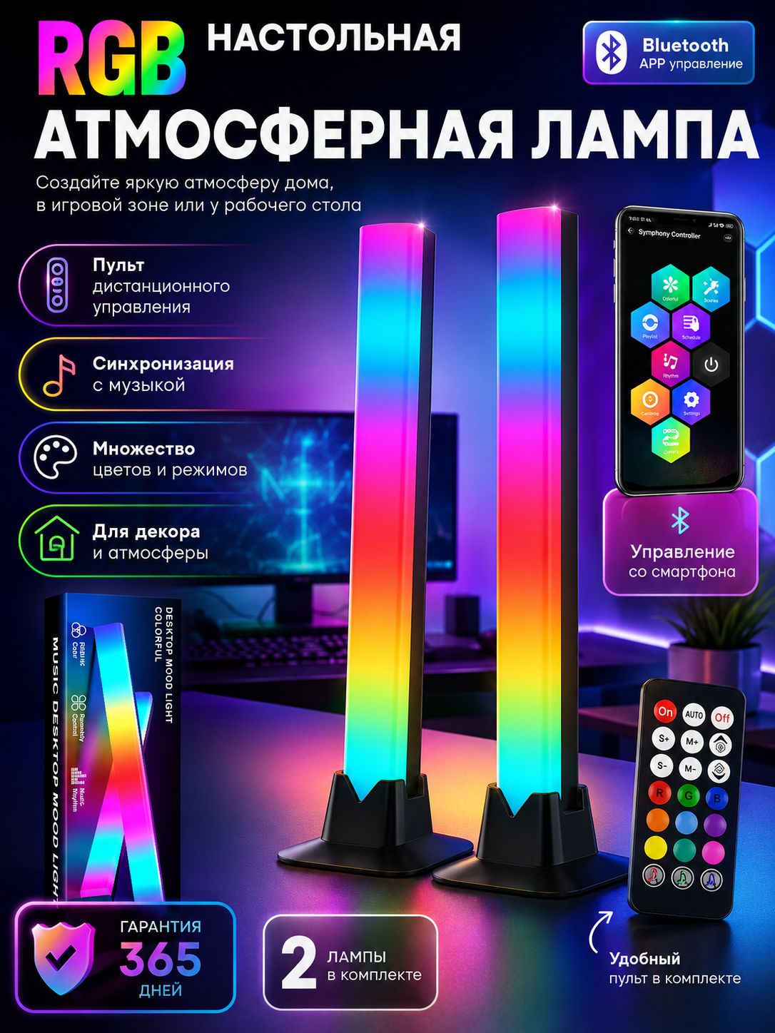 Светодиодный RGB светильник с пультом лампы на стол LED 2 шт