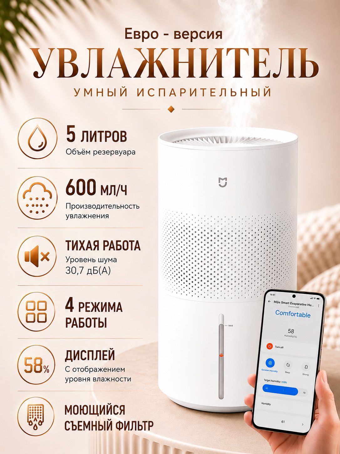 Увлажнитель воздуха умный 5 литров Xiaomi Pure Smart Evaporative Humidifier Pro (CJSJSQ06ZMZUE)