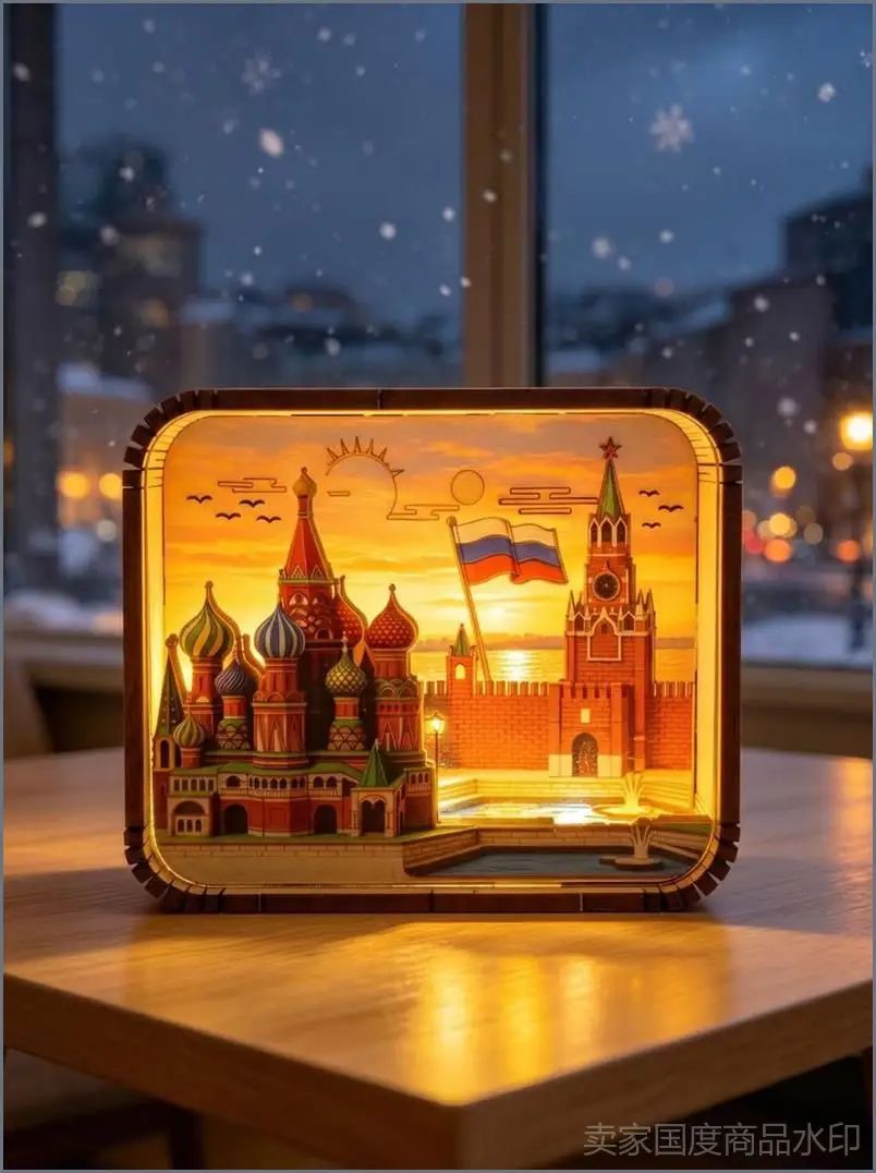 Сувенир из Москвы Музыкальная шкатулка 3D Кремль, Собор Василия Блаженного, деревянный сенсорный ночник с мелодией, подарок
