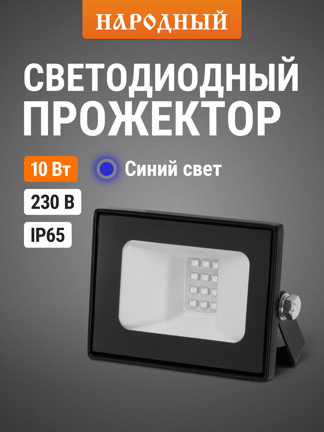 Прожектор светодиодный СДО-04-010Н-С (синий свет) 10 Вт, IP65, черный, Народный
