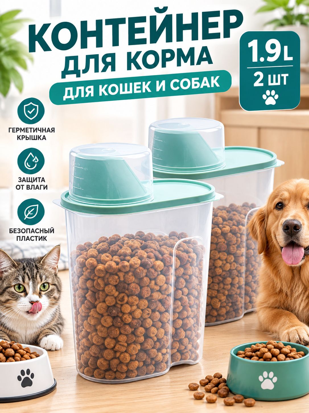 Герметичный контейнер для корма кошек и собак с мерным стаканом для сухого и влажного корма, пищевой пластик