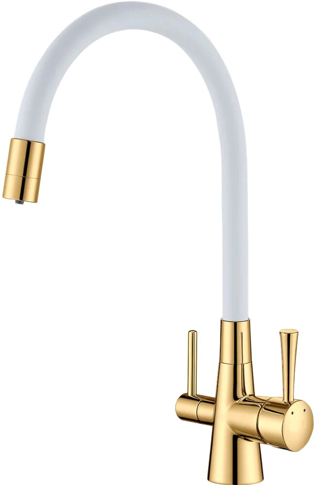 Смеситель для кухни Lemark Comfort LM3075G-White с гибким изливом, с краном для питьевой воды, с поворотным изливом, белый, золотой, глянцевый, однорычажный, латунный, с керамическим картриджем