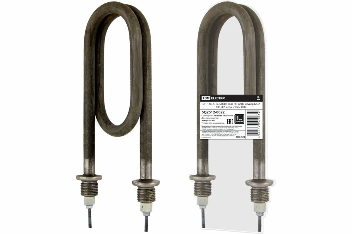 TDM ELECTRIC ТЭН для водонагревателя ТЭН-120, А, 12, 5,0кВт, вода (J), 220В, штуцер G1/2, R30, Ф7, нержавеющая сталь SQ2512-0022