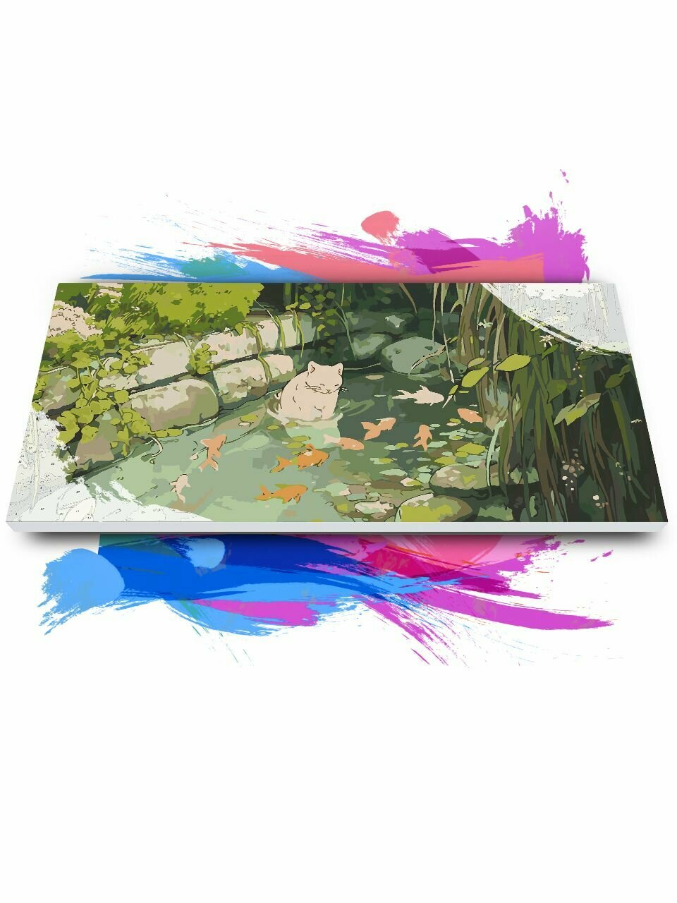 Картина по номерам на холсте Котик играет с рыбками кои, 50 х 100 см