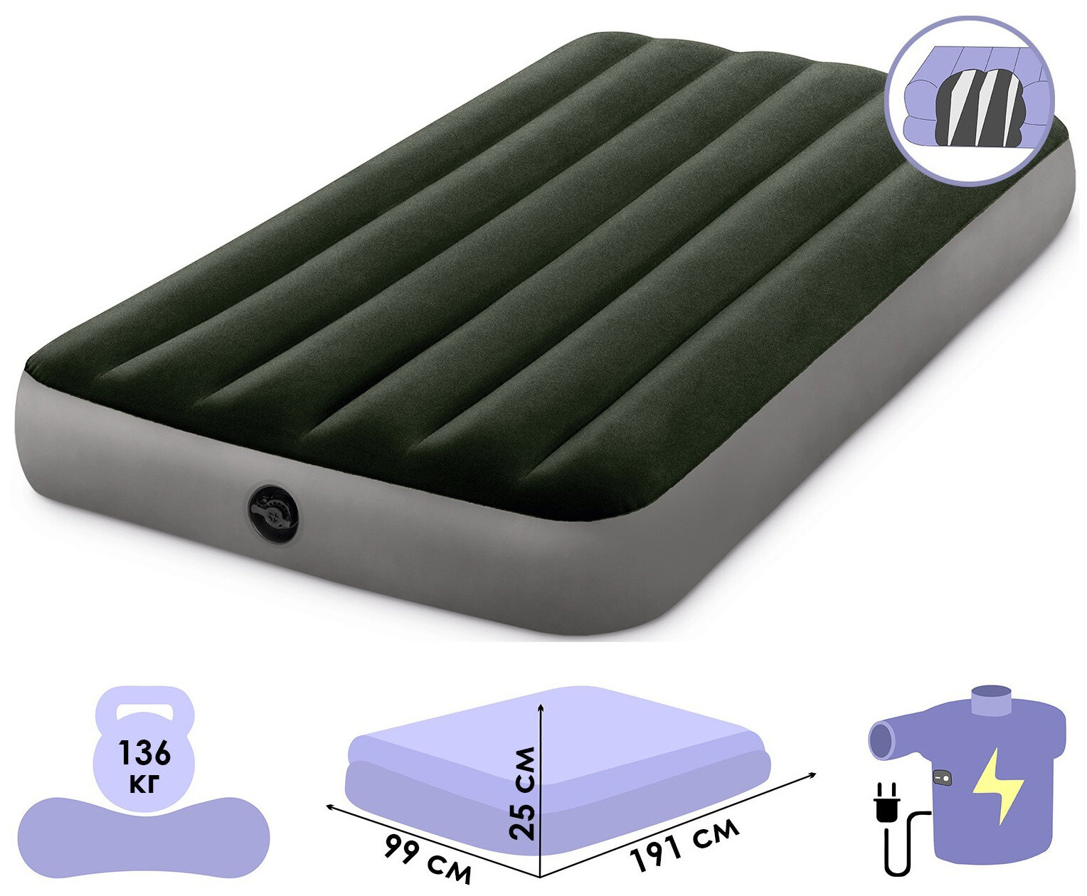 Надувной спальный матрас INTEX DURA-BEAM TWIN, туристическая мебель, домашний односпальный матрац для сна, надувная одноместная кровать с насосом, подходит для плавания и в палатку, 99х191х25 см