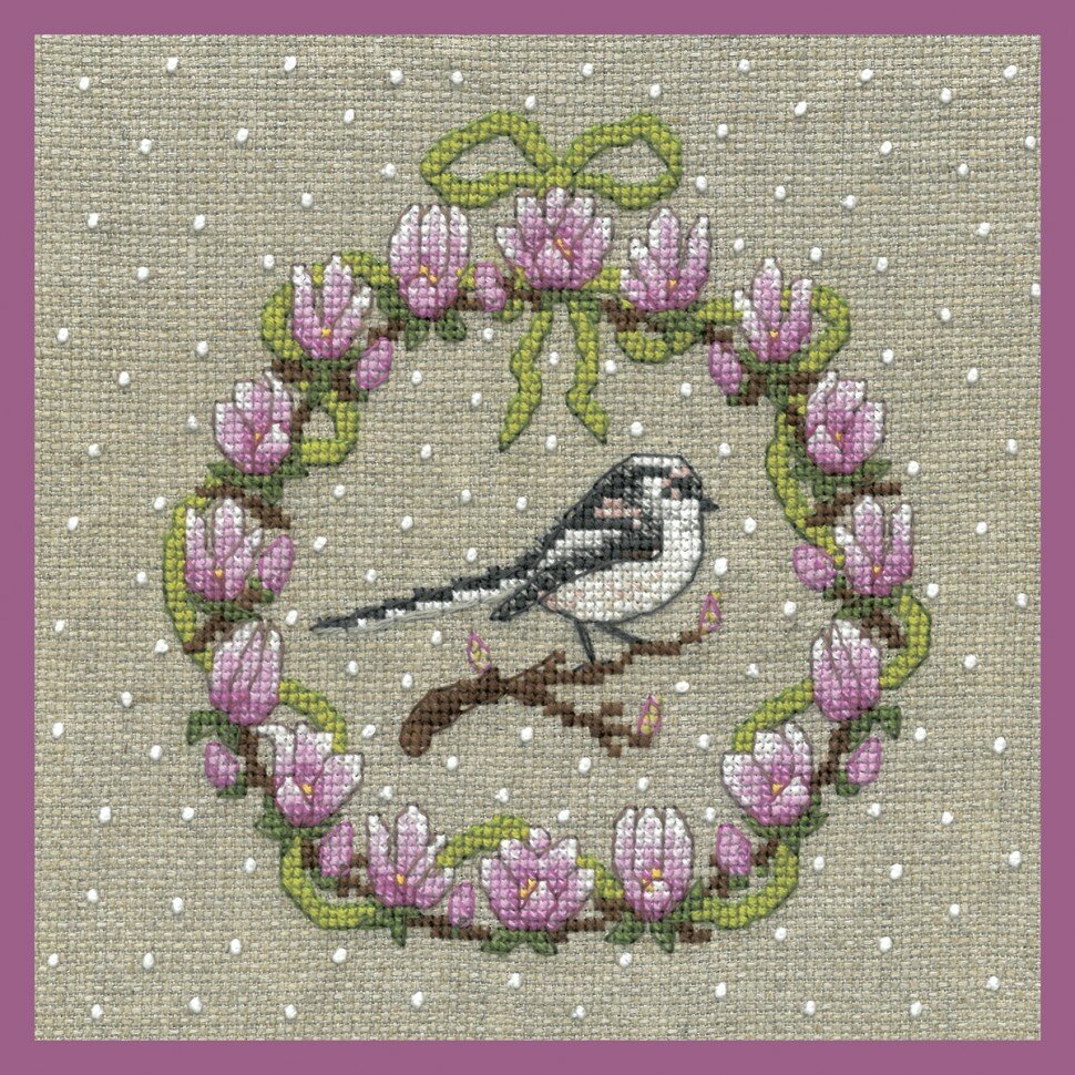 Набор для вышивания Le Bonheur des Dames #2690 March Wreath Long-Tailed Tit (Мартовский венок длиннохвостая синица), Счетный крест, 14.5 х 14.5 см