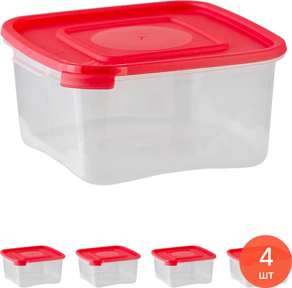 Контейнер для хранения продуктов Полимербыт Каскад полипропилен с крышкой, прозрачный 14×14×7.5см объем 1л / емкость герметичная для СВЧ (комплект из 4 шт)