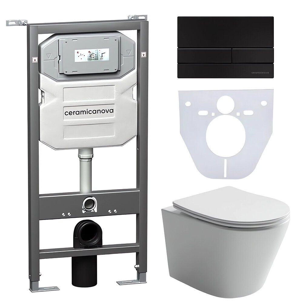 Комплект инсталляции 4 в 1 Ceramicanova Подвесной унитаз Balearica Rimless арт. CN6000 + Шумоизоляционная панель для инсталляции арт. CN1000 + Система инсталляции для унитазов CERAMICANOVA Envision с кнопкой смыва Flat цвет черный матовый, креплениями, ар