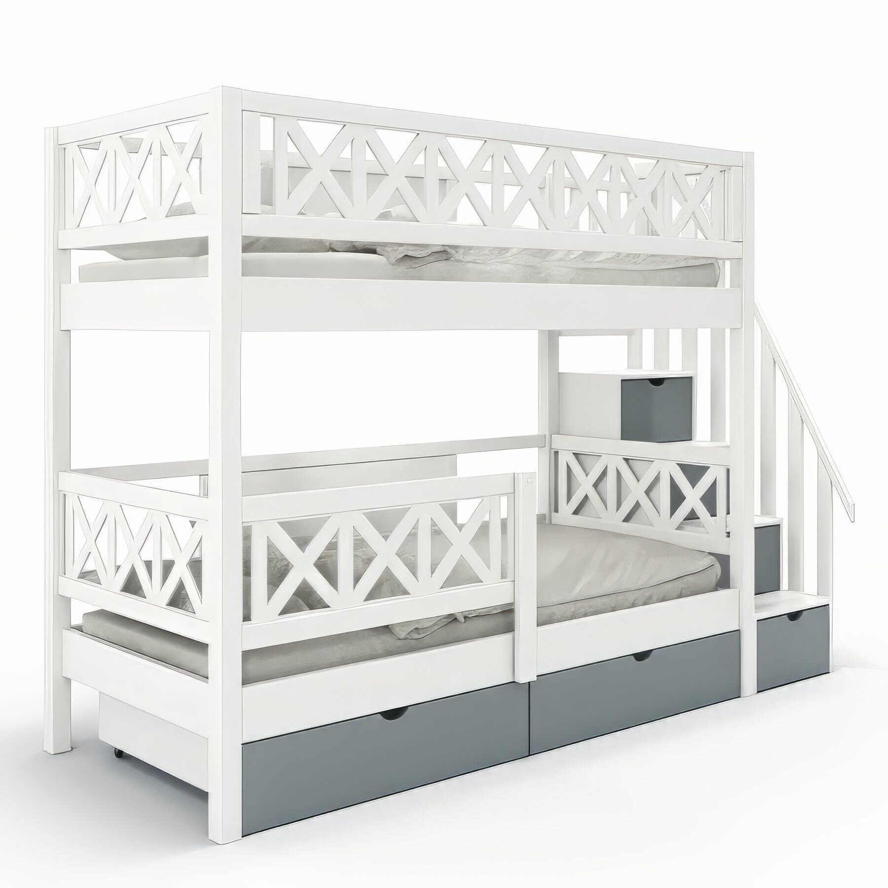 Meblevka Детская кровать двухъярусная Прованс 3 / Двухъярусная кровать для детей Прованс 3, 264х87х196, белый фасады серый