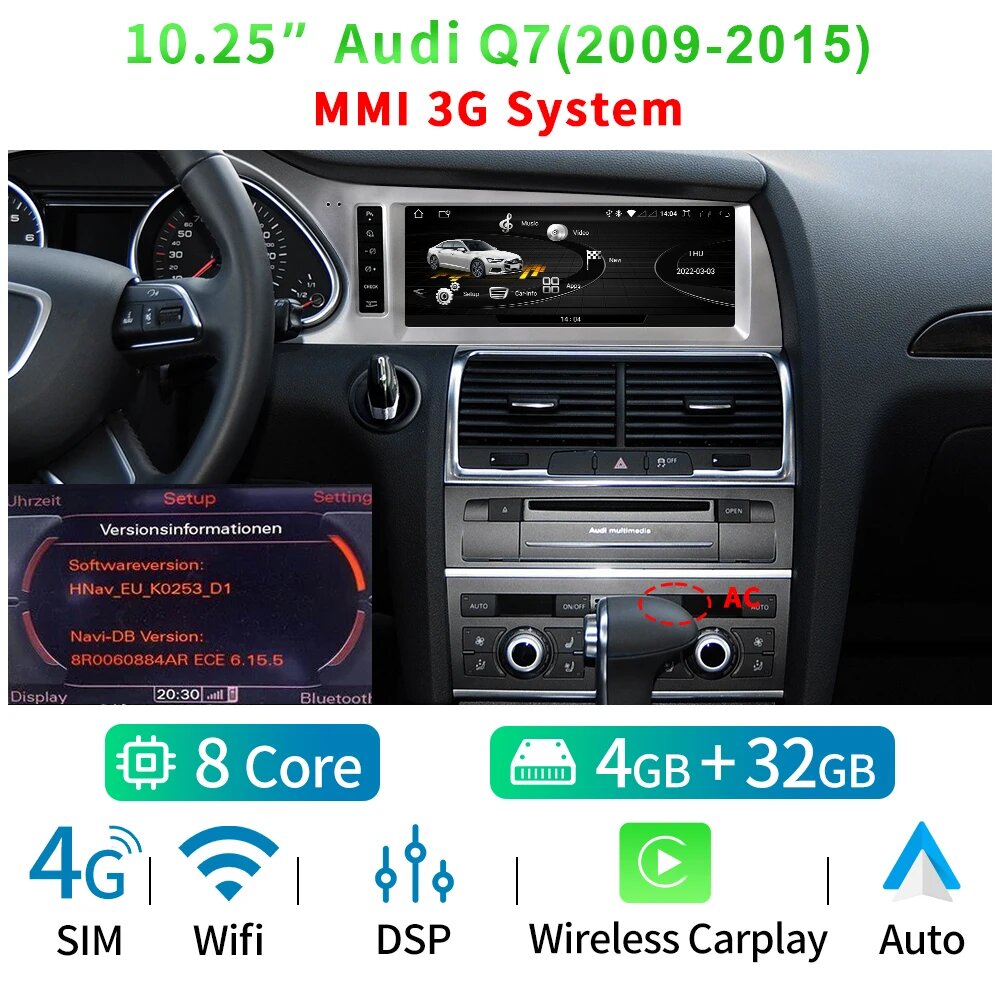 8-ядерный автомобильный радиопланшет системы Android 14 для Audi A6 C6 Q7 WIFI 4G Carplay 8 + 128 ГБ ОЗУ BT GPS Navi Стерео Мультимедийный плеер