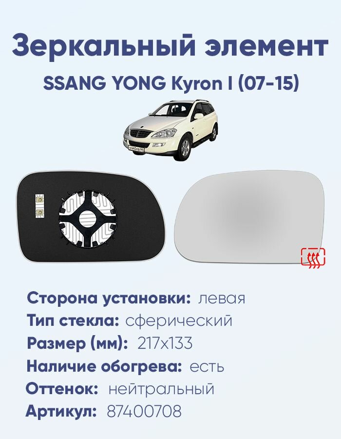 Зеркальный элемент левый SSANG YONG Kyron I (07-15) сфера нейтральный с обогревом. Крепление на Круглый Моторчик - диаметр 84 мм.