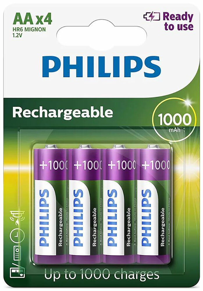 Батарейки аккумуляторные Philips MultiLife-NiMH, 4AA, 1000 мA/ч (R6B4RTU10/97)