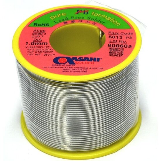 Бессвинцовый припой Asahi Припой WL993C07L10F, 1.0мм 0.25кг Sn99.3/0.7Cu (5013 флюс RMA), без свинца