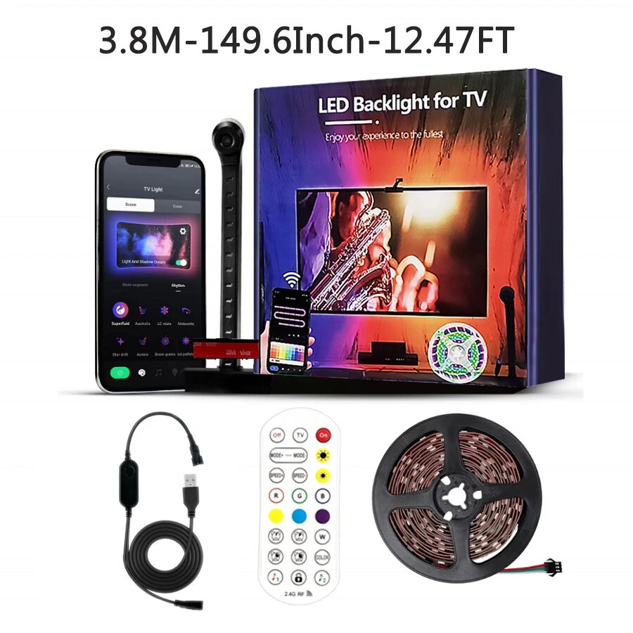 Светодиодная подсветка Smart TV с камерой, подходит для 55-65-дюймового экрана Подсветка телевизора Синхронизированный экран и музыкальная гибкая светодиодная лента