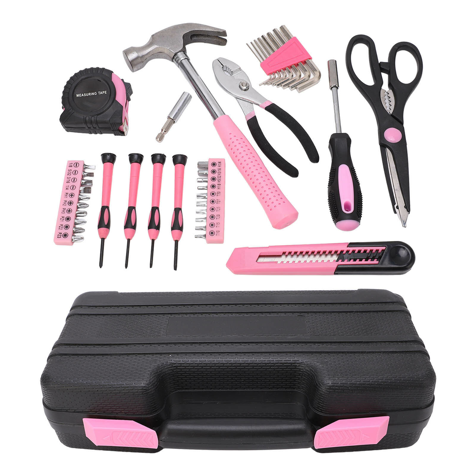 39 Pcs Household Tool Kit Pink Portable Hand Toolbox Hammer Screwdriver Wrench Repair Maintenance Set for Girl