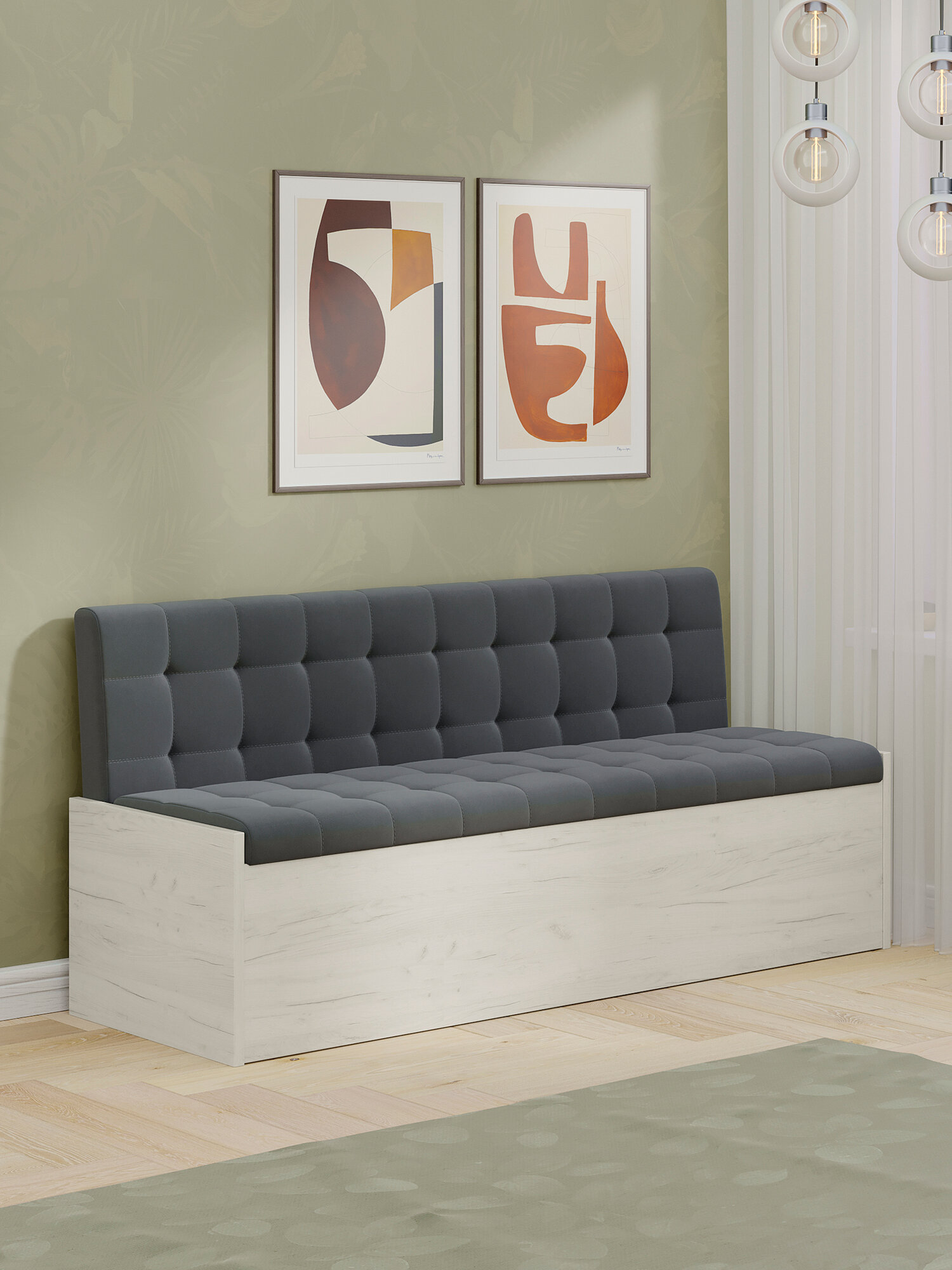 Кухонный уголок, диван на кухню прямой Форест (Дуб крафт белый/Велюр серый)