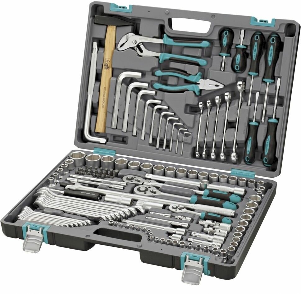Набор инструментов, 1/2",3/8", 1/4", CrV, пластиковый кейс 142 предмета Stels