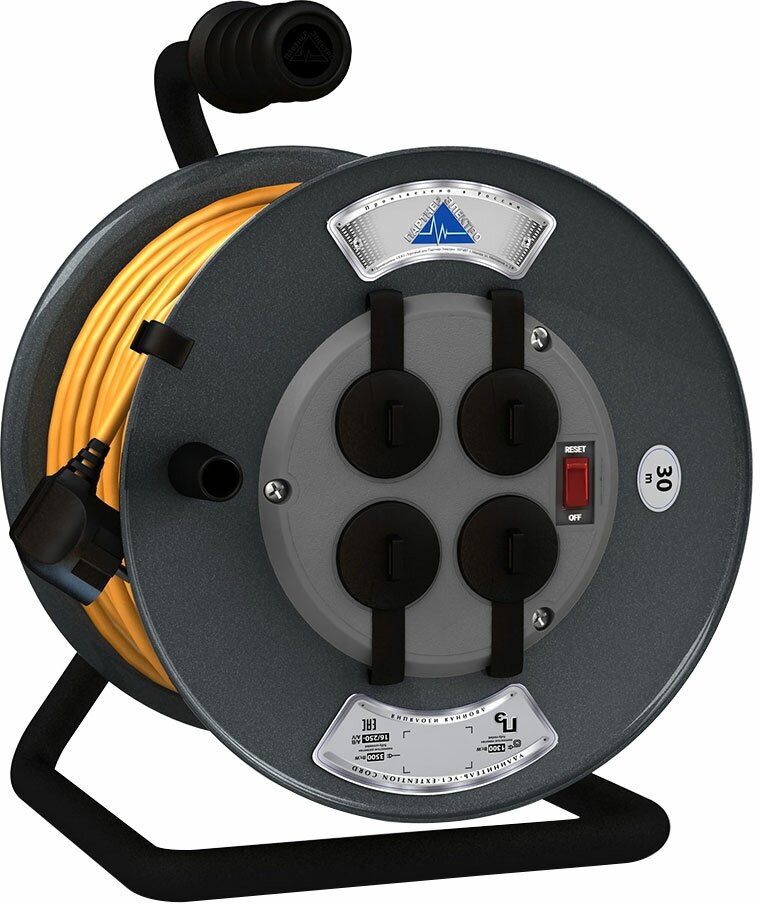 Удлинитель силовой на катушке Партнер Электро ProfiLine PL03 (UP216C-450GR) открытая установка с заземлением 50 м 16 А 220 В 3,5 кВт 4 розетки ПВС 3х1,5 мм2 IP44 с брызгозащитой серый/оранжевый