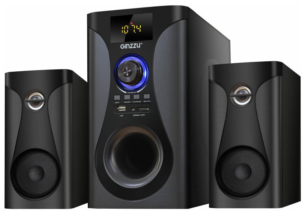 Колонки GINZZU GM-425, 2.1, 60Вт, Bluetooth, пульт ДУ, черные