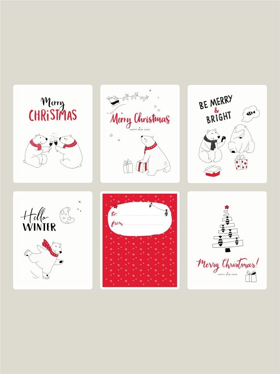 Наклейки стикеры Новогодние открытки - семья мишек