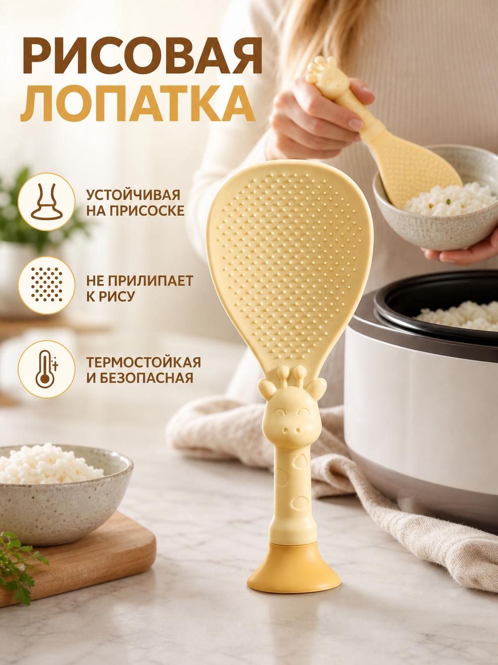 Лопатка кулинарная для риса, с присоской, термостойкая, бежевого цвета