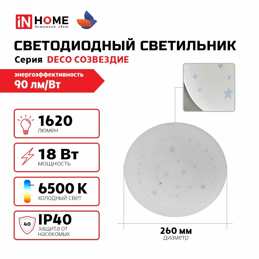 Светодиодный светильник потолочный настенный накладной серии DECO созвездие 18Вт 230В 6500К 1620Лм 260х55мм IN HOME