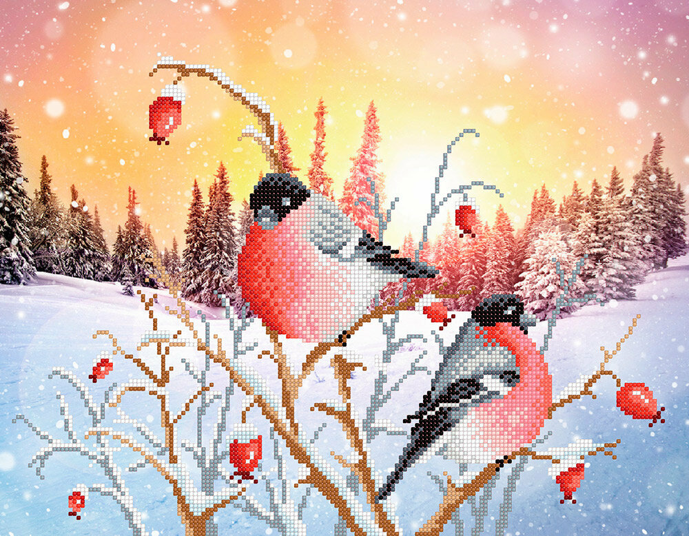 М. П. Студия Г-135 канва для вышивания бисером №3 50x40 Снегири на рассвете - схема