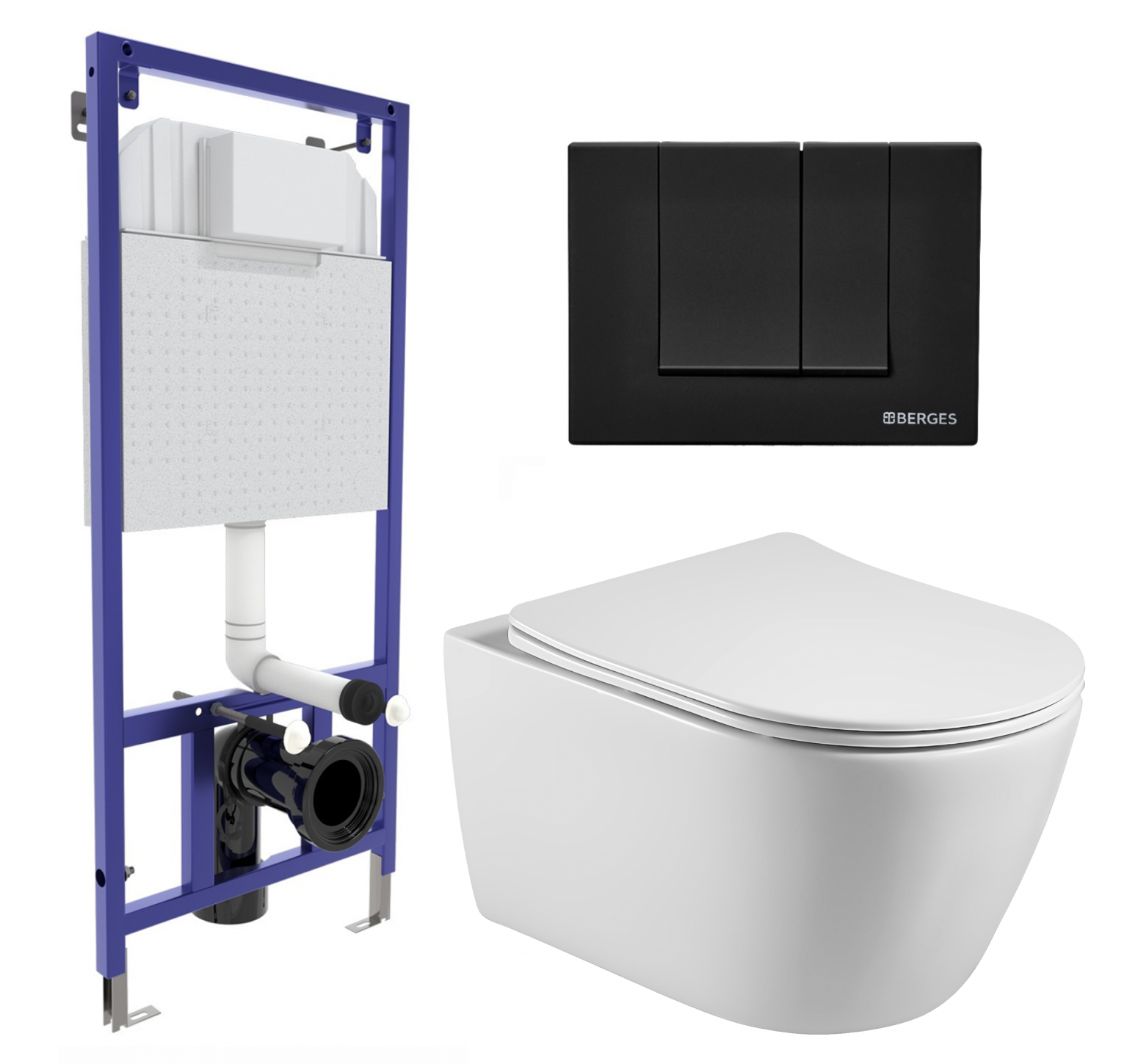 Комплект 3 в 1 инсталляция Berges Wasserhaus Novum 040245 + Унитаз подвесной Акватек Вега AQ1905-00 + кнопка черная