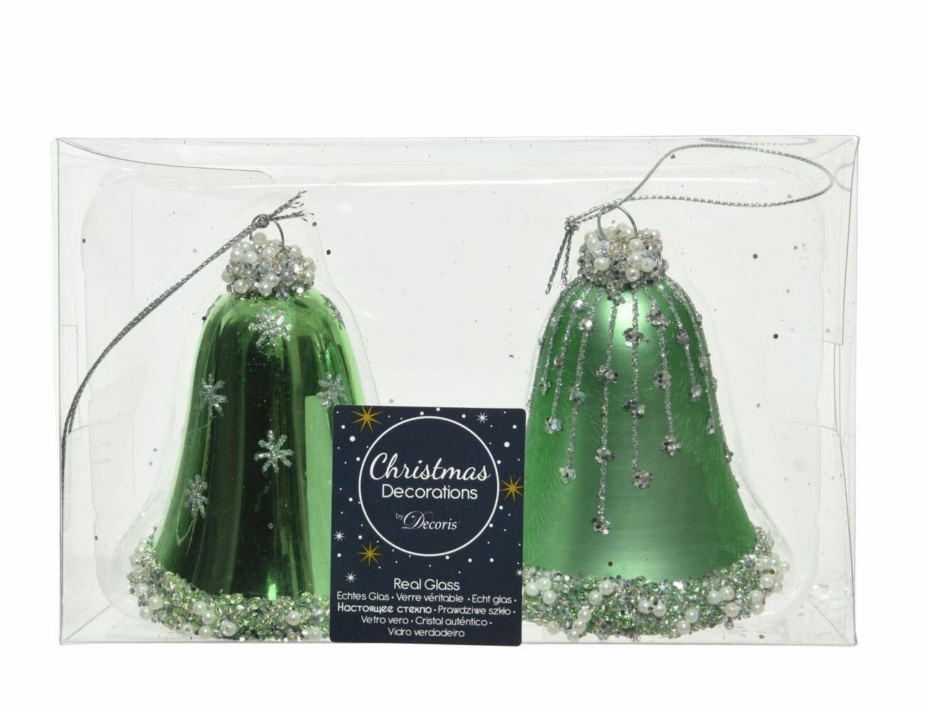 Ёлочные игрушки колокольчики, стеклянные, 'зелёный луговой', 8 см (упаковка 2 шт.), Kaemingk