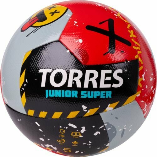 Мяч футбольный Torres Junior-5 Super, F323305, р.5, ПУ, 4слоя, 12 панелей, гибридная сшивка, красно-черно-серый