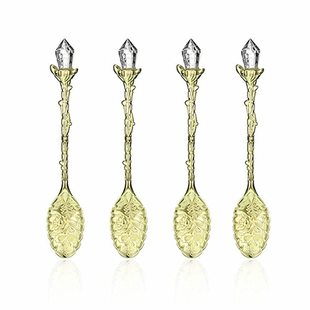 (4 шт) Маленькая ложечка из сплава с резным узором в виде хрустальной головки стиле ретро-золото