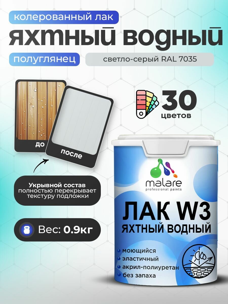 Лак колерованный укрывной яхтный Malare W3 для деревянных и минеральных поверхностей, водный без запаха быстросохнущий, полуглянцевый RAL 7035 светло-серый, 0.9 кг.